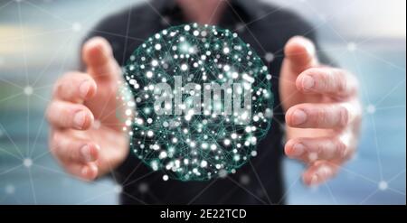 Social network concept between hands of a man in background Stock Photo ...