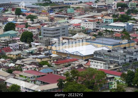 The town of Roseau on Dominica Island viewed from the sea with a ...