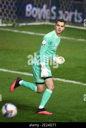 Goalkeeper James Shea (1) of Luton Town warms up ahead of the Sky Bet ...