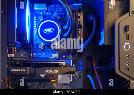 Open pc system unit with ice blue light liquid cooling - Moscow, Russia ...