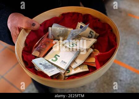 Collection During a Catholic Mass. Basket with Euros. France Stock ...