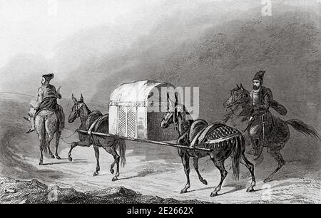 Riders with enclosed litter, Persian Empire. Takhti Ravan. Iran. Old ...