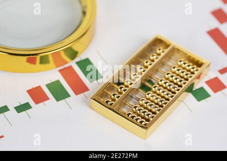 Magnifier and abacus on stock market chart Stock Photo - Alamy