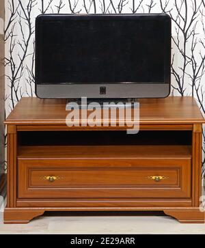 Lcd TV set at wooden cabinet in living room home entertainment Stock ...