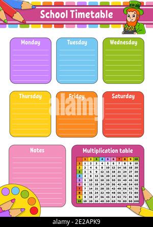 School timetable with multiplication table. For the education of ...