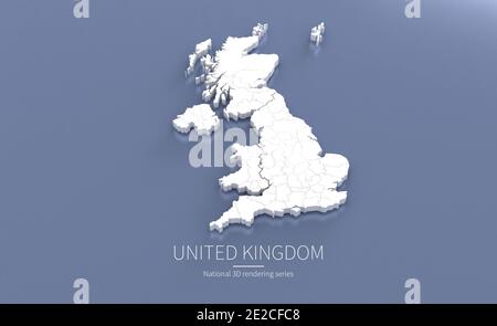 United Kingdom. Detailed 3D rendering of a shaded relief map with ...