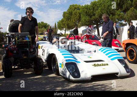 Scottish drummer Neil Primrose of Travis band, takes part in a motor ...