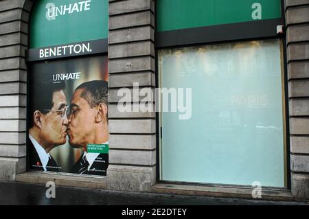 Posters from new Benetton's ad campaign 'Unhate' are on display on it's ...