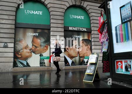Posters from new Benetton's ad campaign 'Unhate' are on display on it's ...