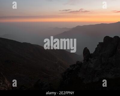 Sunset panorama view of Marcahuasi andes plateau meseta rock formations ...