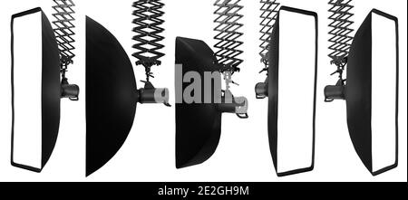 Photography studio flash on ceiling pantograph with umbrella isolated ...