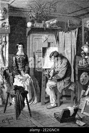 Vintage illustration, Der Maler, The Painter, Artist painting a ...