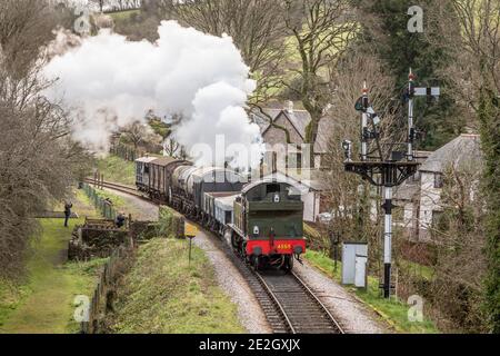 GWR '4500' class 2-6-2T No. 4555 departs Buckfastleigh station on the ...