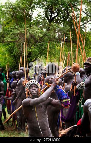 Donga Stick Fighting In Suri Tribe, Tulgit, Omo Valley, Ethiopia Stock ...