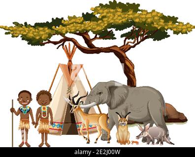 African tribe with group of wild african animal on white background ...
