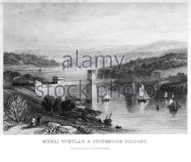 The Menai suspension bridge - with the Britannia tubular bridge in the ...