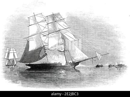 A battle between two sailing ships on the open sea during a storm ...