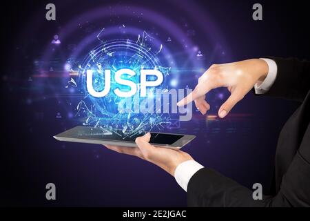 Close-up of a touchscreen with USP abbreviation, modern technology ...