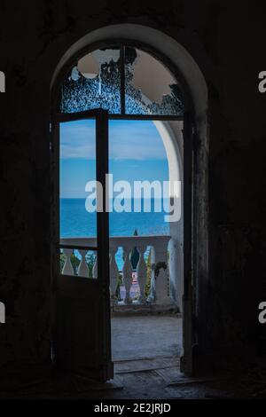View from the balcony of bandoned building of the Soviet sanatorium ...