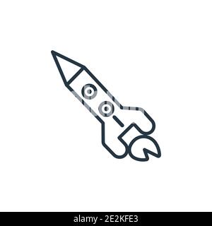Outline pencil rocket ship with fire. Isolated on white. Flat line icon ...