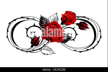 infinity symbol with red roses and black stalks on a white background ...