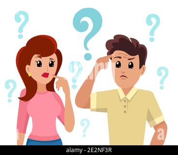 Couple thinking. Confused people, doubt girl man with question marks ...