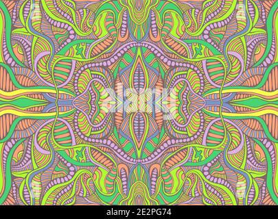 Symmetrical motley hippie trippy psychedelic abstract pattern with many ...