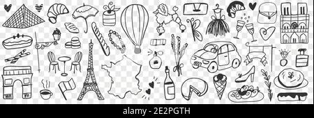 Isolated hand drawn french symbols set with various french food wine ...