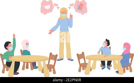 Arabian kindergarten children in medical masks flat color vector ...