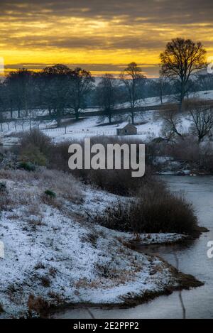 The River Tweed frozen over at Ladykirk, Scottish Borders Stock Photo ...
