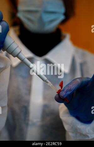Laborantine performing an EasyCov rapid saliva test for Covid-19, in ...