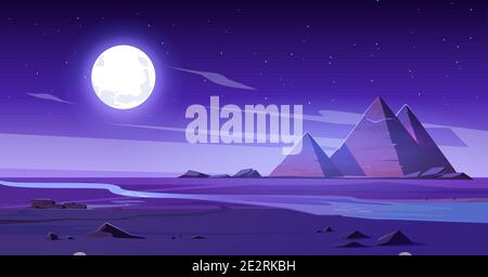 Egypt pyramids and Nile river in dusk desert, egyptian pharaoh tomb complex in Giza plateau ...