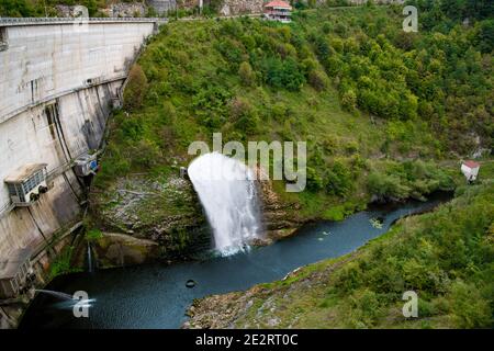 Dam on Sjenica Lake, the lake is made by the river Uvac, and the water ...