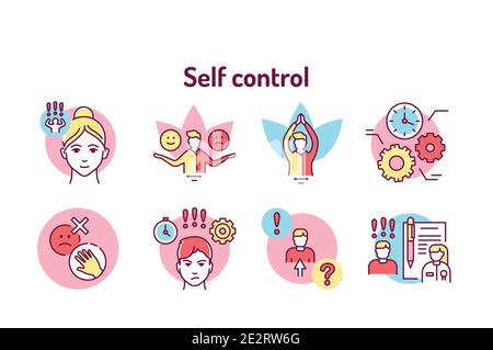 Self control color line icons set. Ability to regulate one's emotions ...