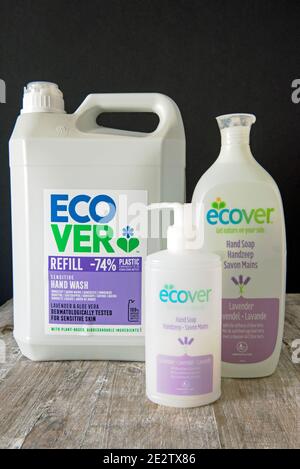 Ecover hand wash refill in 100% recycled plastic container next to ...
