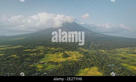 Aerial view of Mount Mayon Volcano and Sumlang Lake near Legazpi City ...