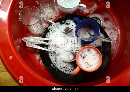 Dish washing. soaking in the kitchen sink. After the Dinner it's time ...