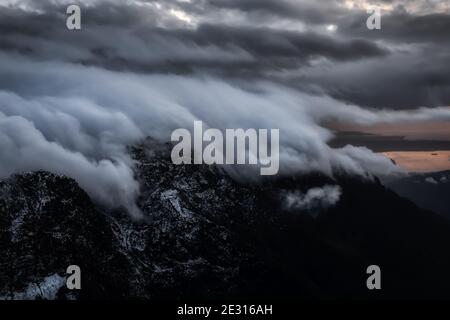 Aerial view of the striking Canadian Mountain Landscape covered in ...
