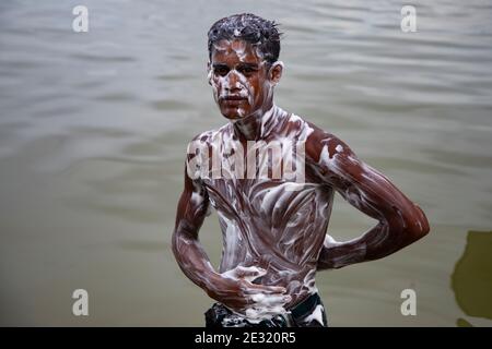 A man taking bath in the meghna river at Ashuganj, Brahmanbaria ...
