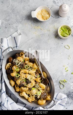 Paste Pipa Rigate and Mushrooms champignon fried in soy sauce, with ...