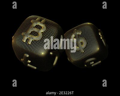 Digital 3D golden dices with cryptocurrency and fiat currency symbols ...