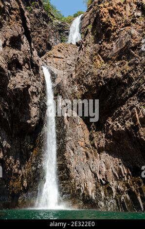 Full length view of the Vazra Sakla Waterfall in Virdi, Karnataka ...
