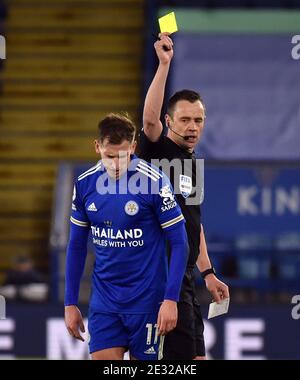 Leicester City's Marc Albrighton is shown a yellow card by referee ...