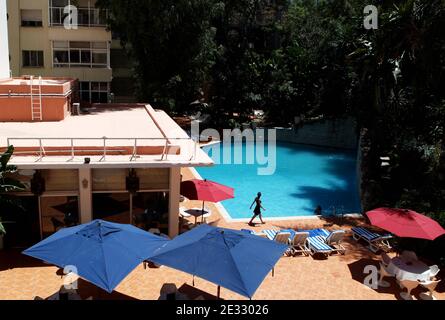 Atmosphere in the swimming-pool of Rif hotel of Tanger, a woman after ...
