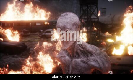 Alien, monster in a burning ruined apocalyptic city. Armageddon view ...