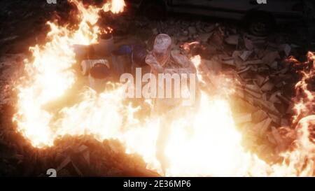 Alien, monster in a burning ruined apocalyptic city. Armageddon view ...