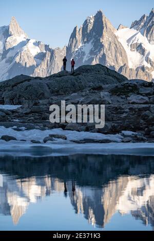 The peaks of the Mont Blanc massif are reflecting on the surface of Lacs des Chéserys Stock ...