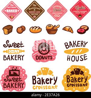 Bread and bakery products logos and icons with lettering. Bagel and ...