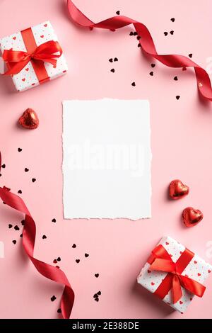 Blank card with gifts for Valentine's Day on red background Stock Photo ...