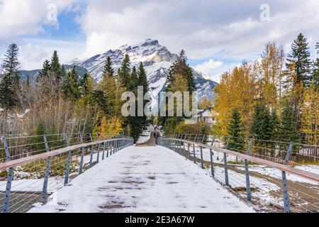Banff Pedestrian Bridge and Bow River trail in summer sunny day. Banff ...